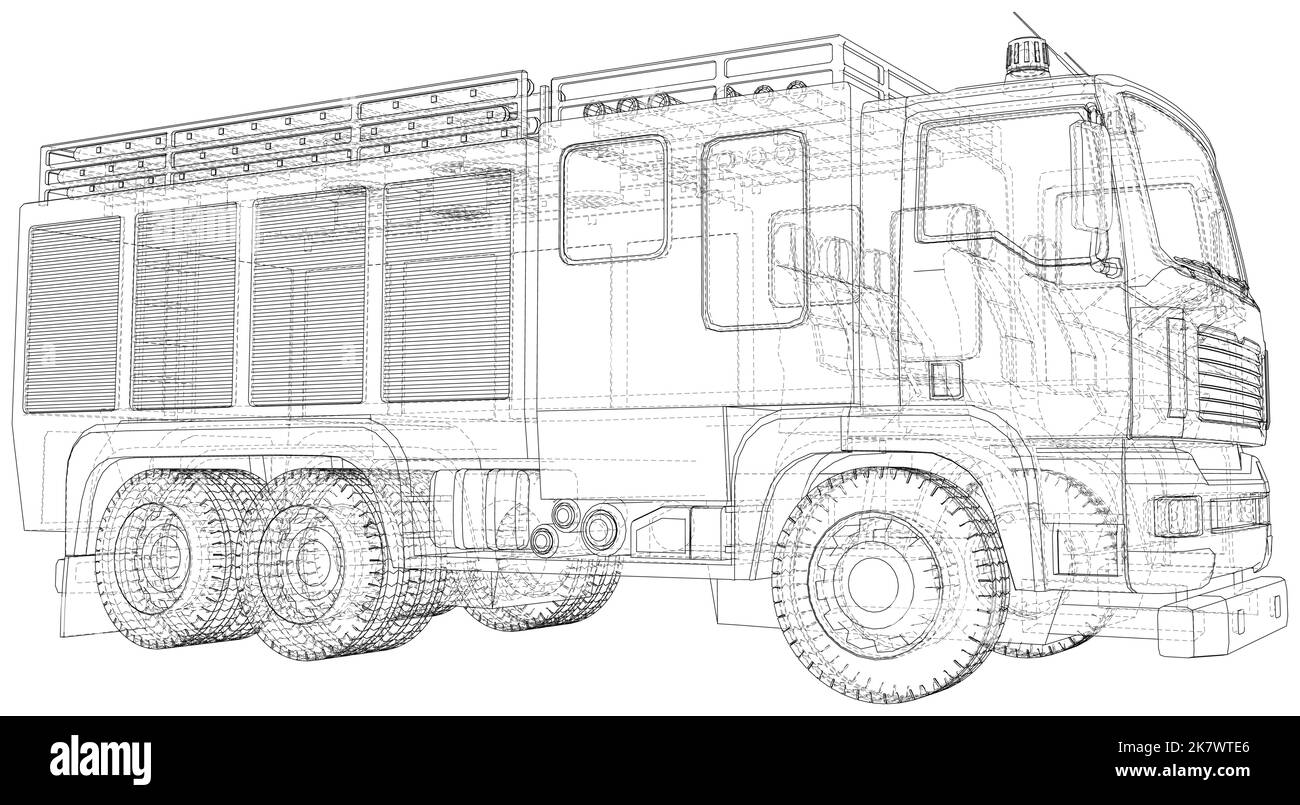 Wire-frame isolated Fire truck on background. Vector rendering of 3d ...
