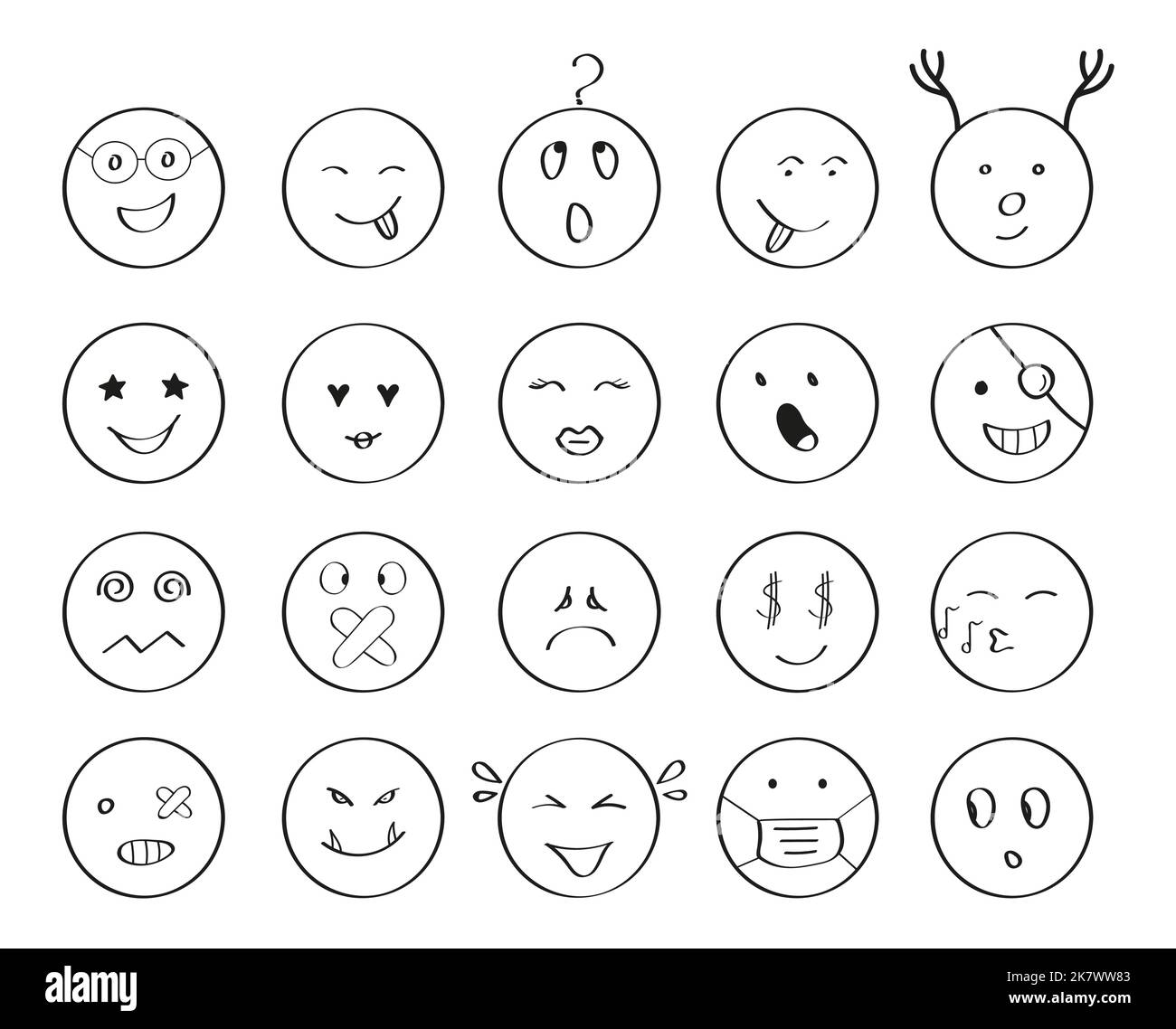 Emoticon faces icon set vector in doodle style. Simple Emoji pictograms ...