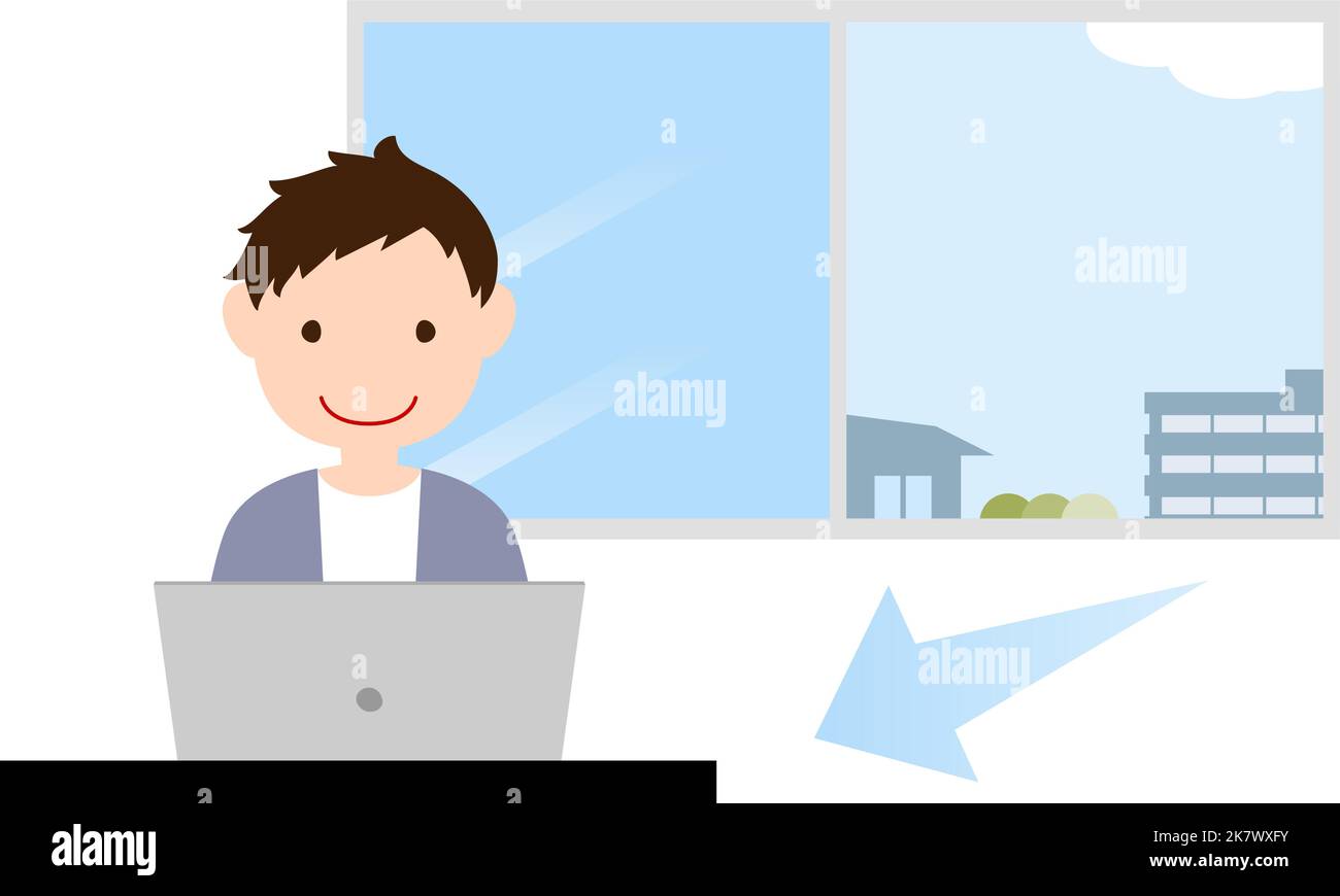 Illustration of a person touching a personal computer while ventilating ...