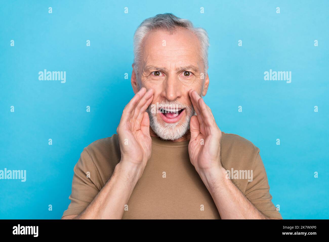 Portrait of positive serious retired man gray hair beard dressed beige ...