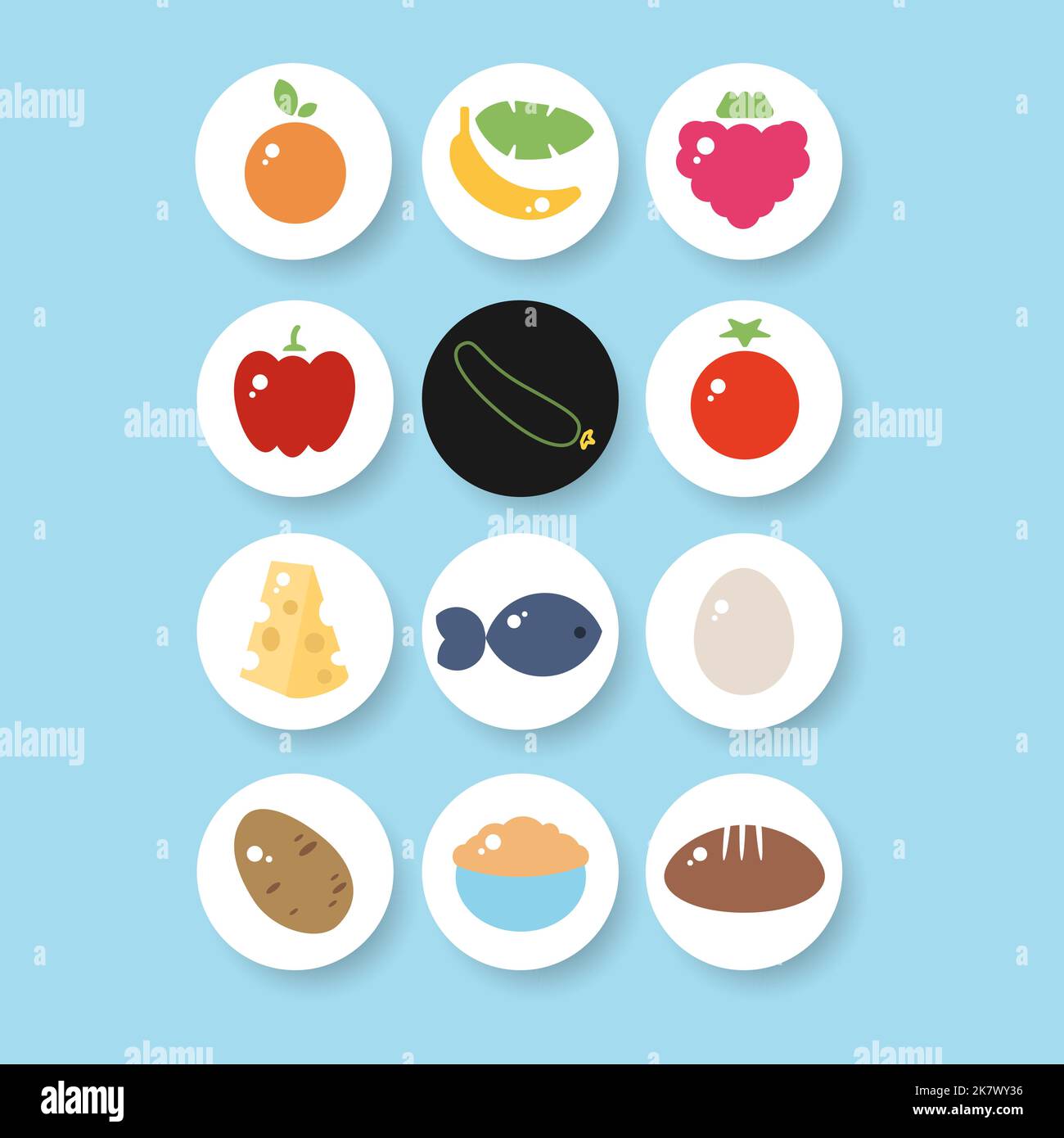 Set of colorful fruit and vegetable round button icons for app healthy ...