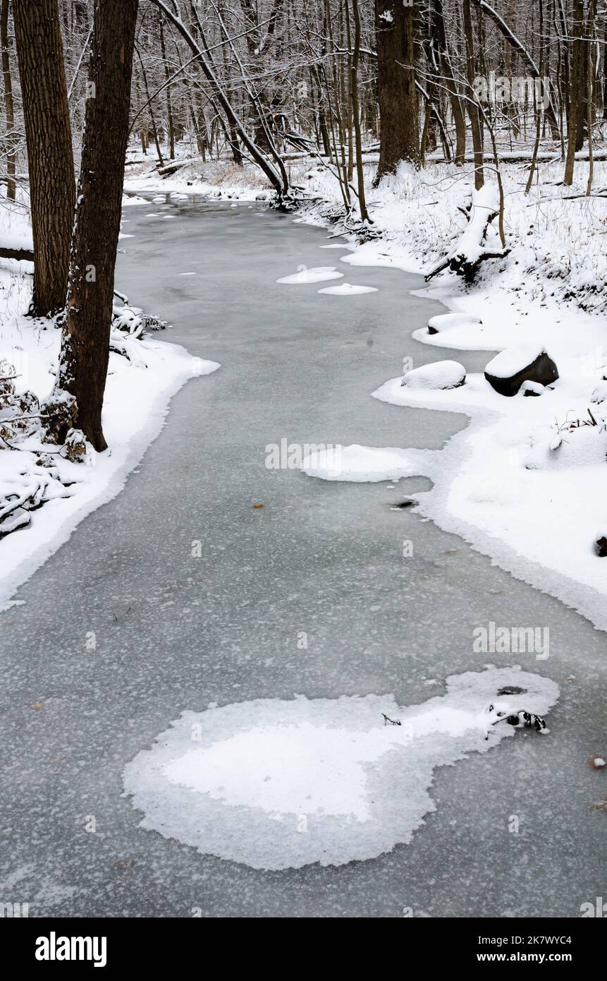Fresh snow coats the rocks and shoreline of Hammel Creek in Hammel ...