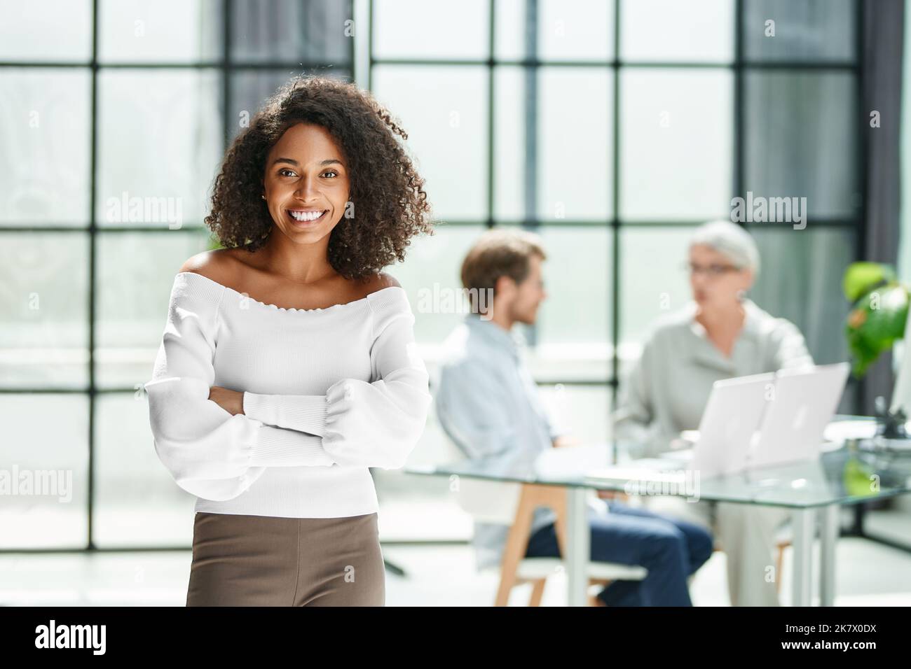 smiling business woman standing in her office Stock Photo - Alamy