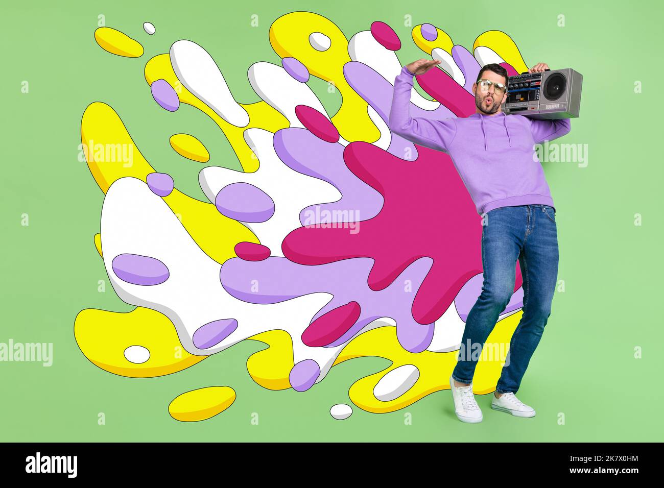 Creative poster collage of active lady guy dj energetic party hold ...