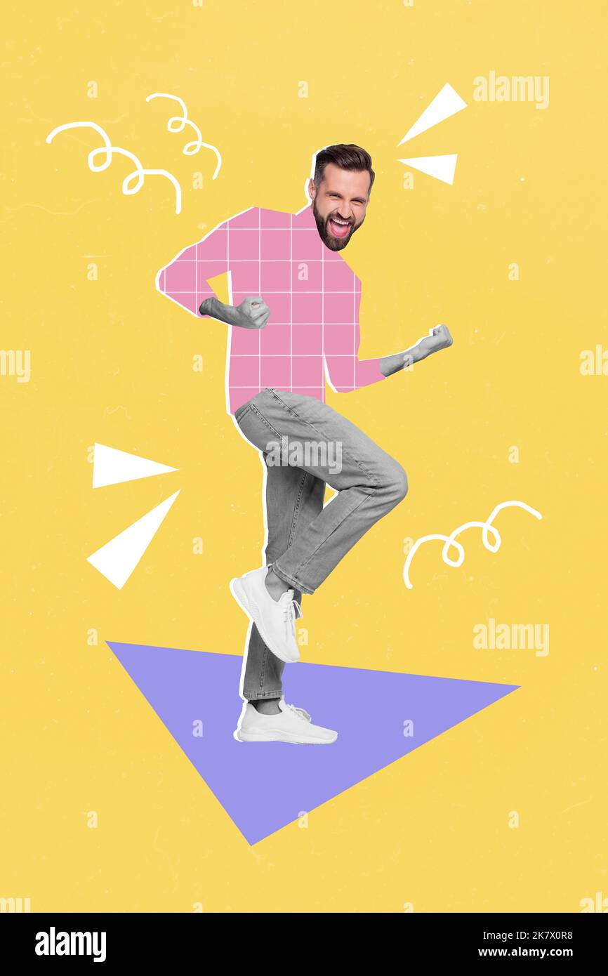 Vertical creative collage image of positive young man dancing winner ...