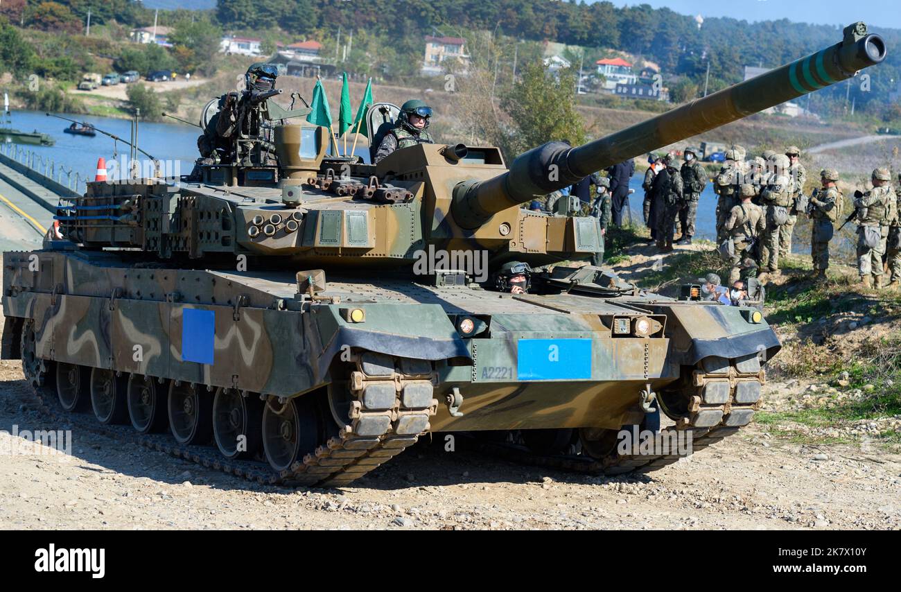 A South Korean Army K-2 tank crosses a floating bridge during a South ...