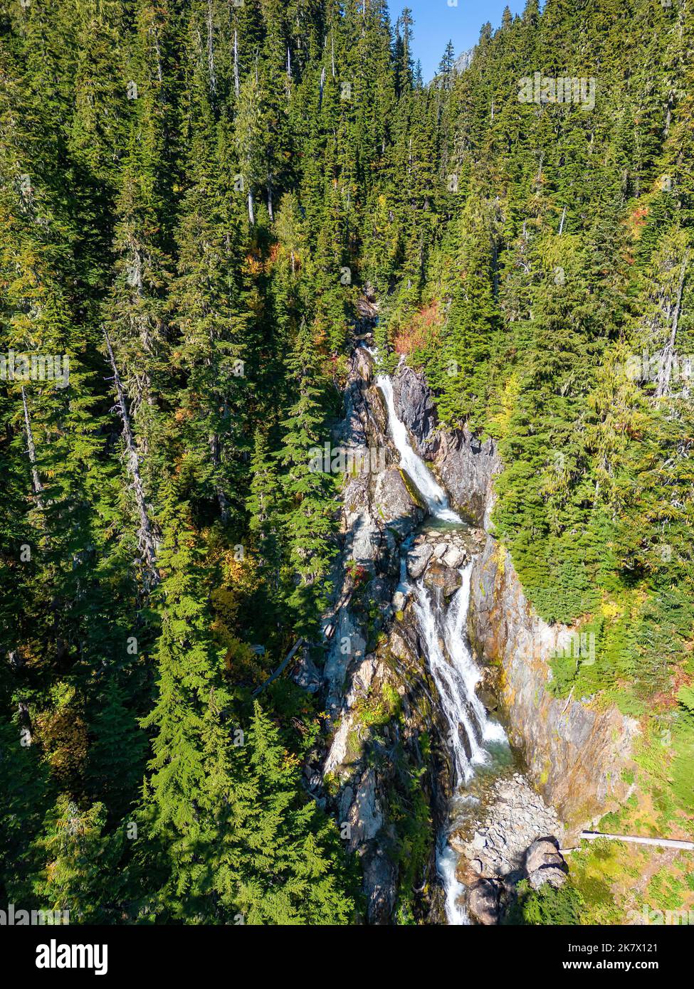 Aerial View of River and waterfall with green trees in Canadian ...
