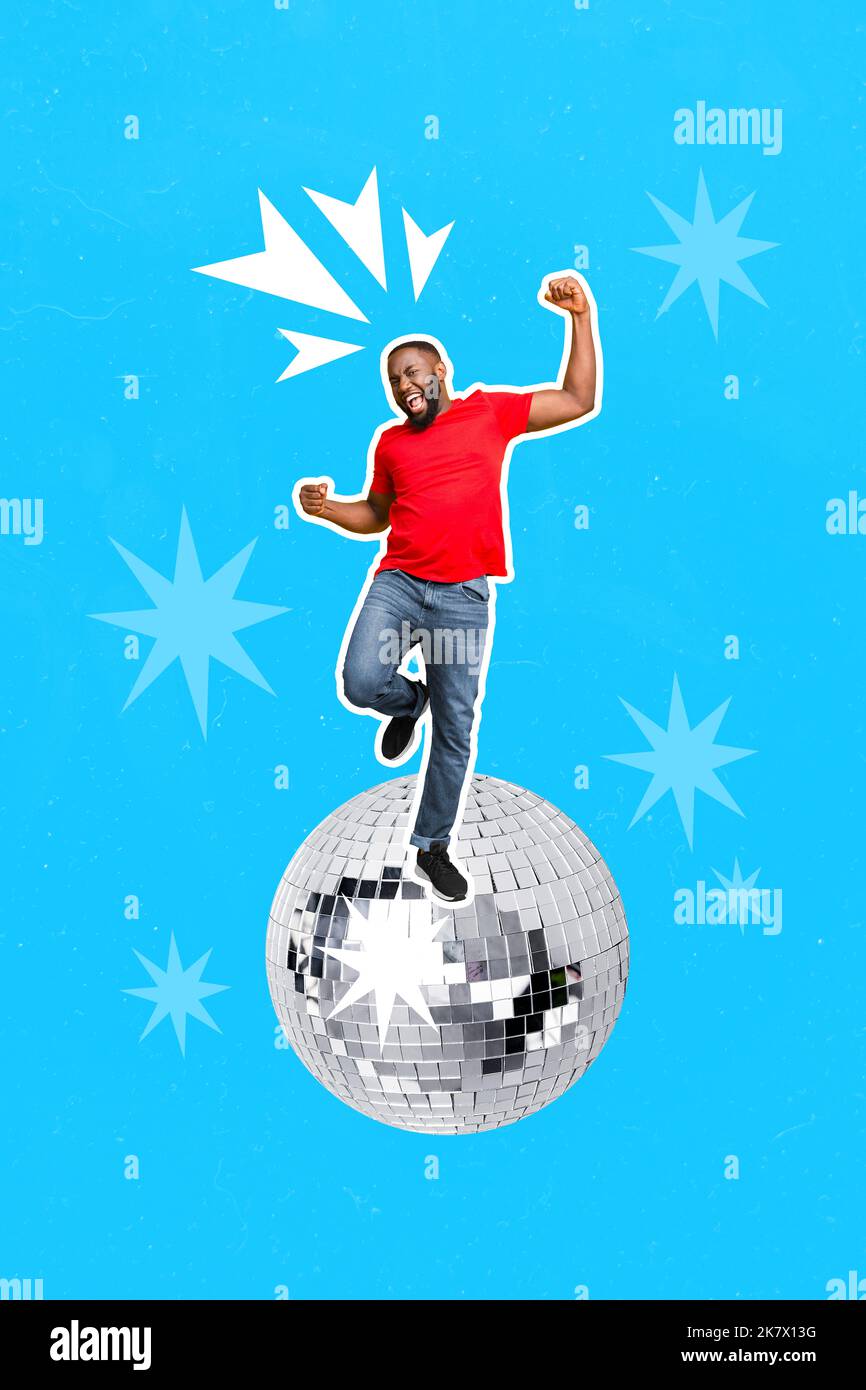 Creative abstract template collage of funny funky young man raise fists ...