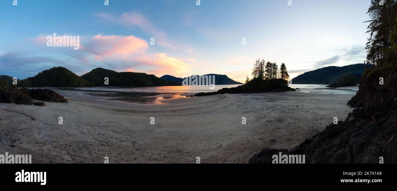 Sandy beach on Pacific Ocean Coast Panoramic View. Sunset Sky. San ...