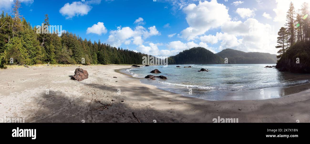 Sandy beach on Pacific Ocean Coast View. Sunny Blue Sky. San Josef Bay ...