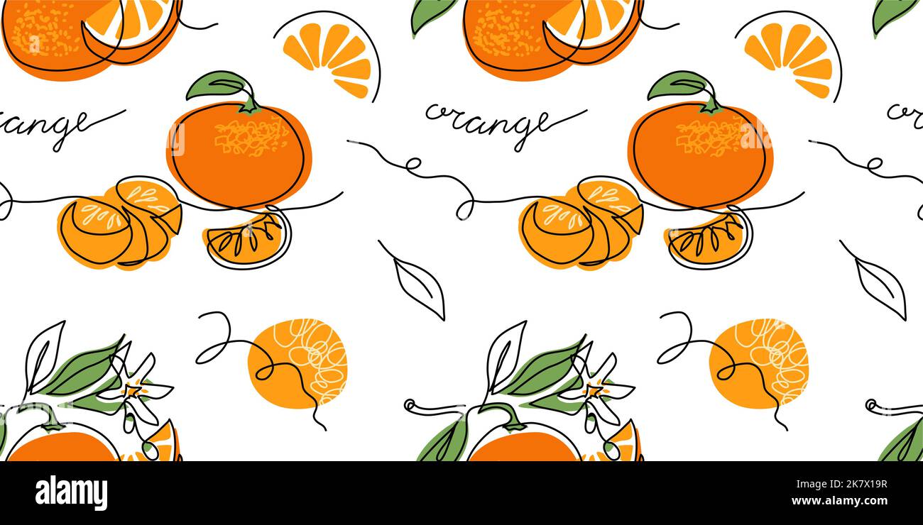 Orange, mandarin vector citrus pattern. One continuous line art drawing ...