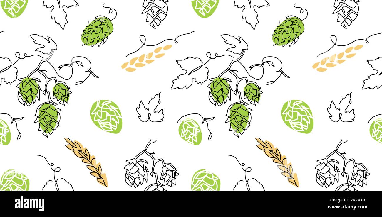 Hop cones vector pattern. One continuous line art drawing. Branch of ...