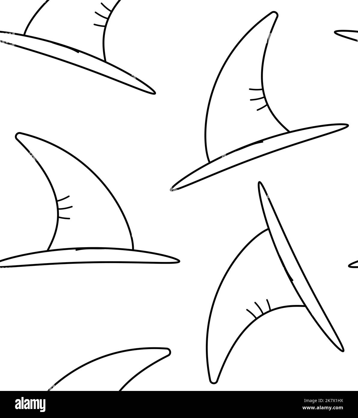 Vector seamless pattern of flat outline witch hat isolated on white ...