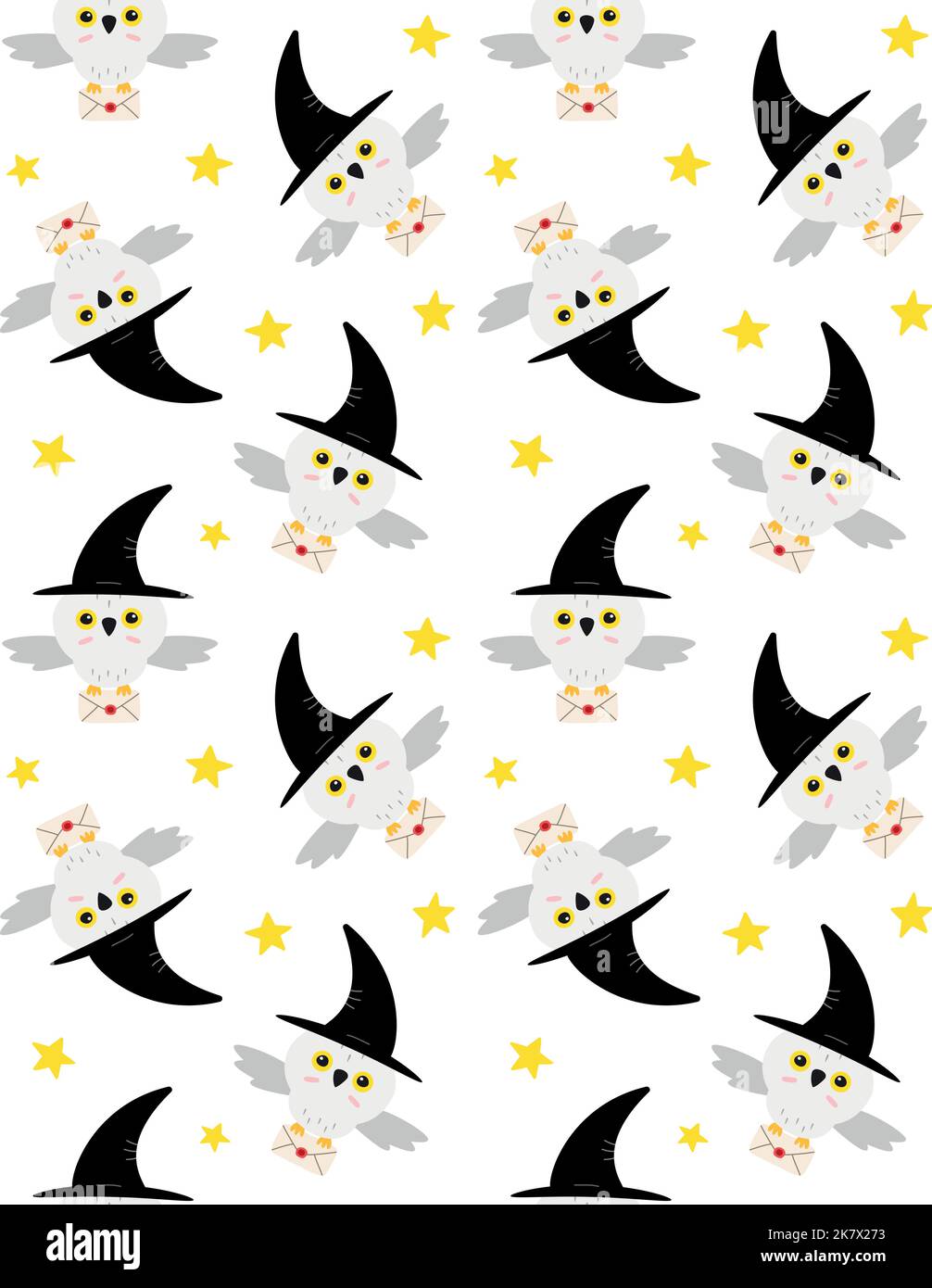 Vector seamless pattern of flat cartoon wizard owl with hat isolated on ...