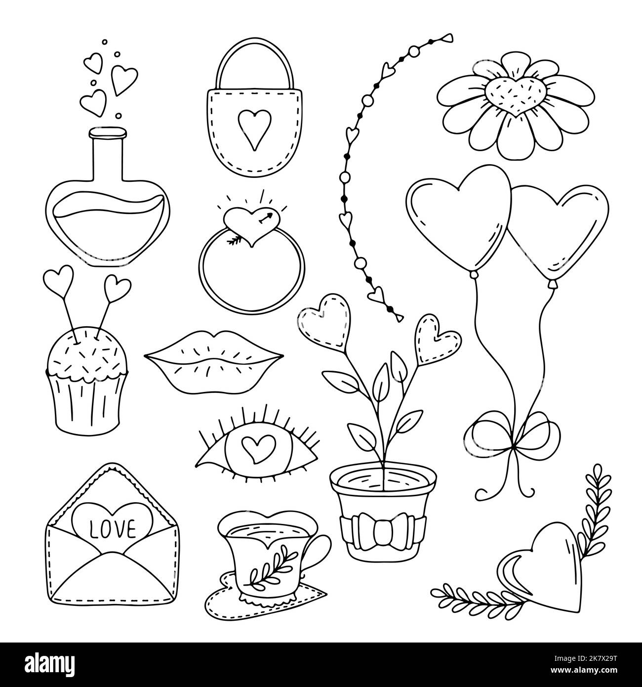 Set of cute hand drawn elements about Valentine day. Love elements isolated on white. Happy ...