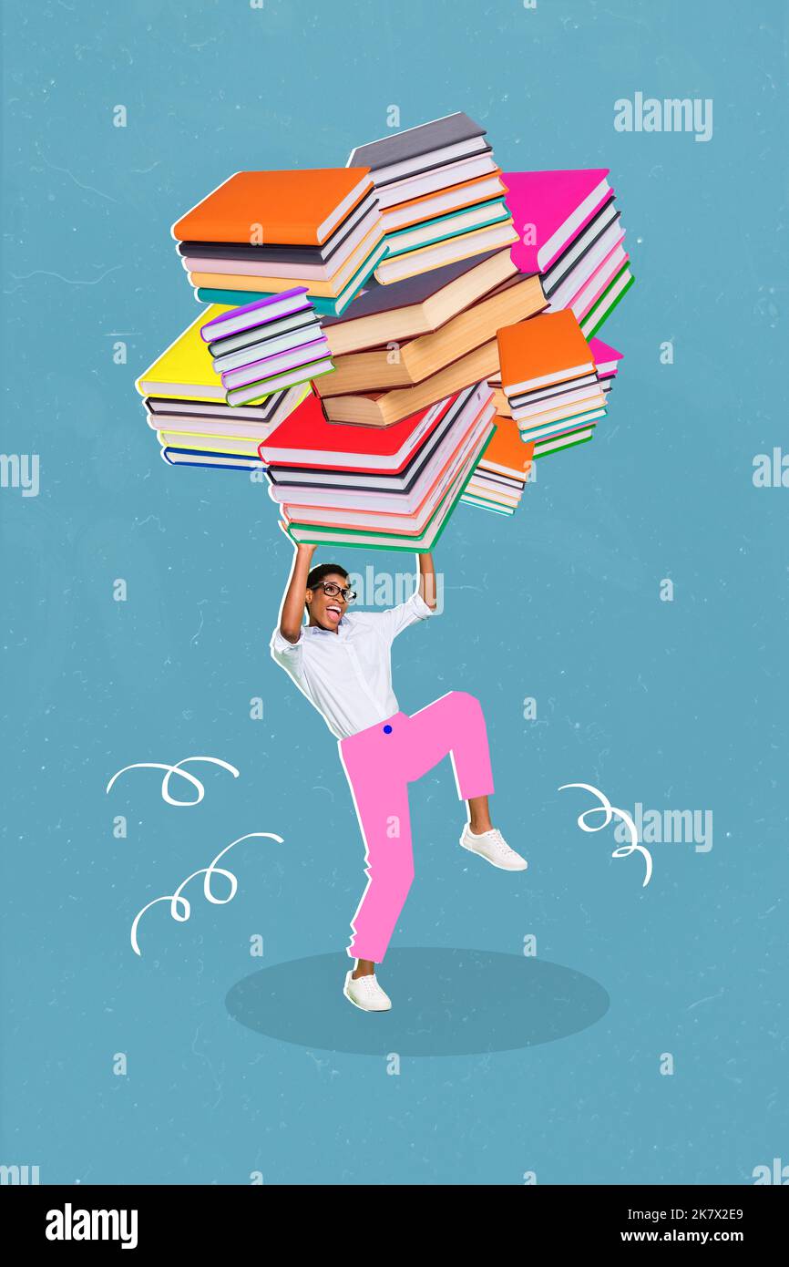 Composite collage image of strong busy woman student lifting hold pile ...