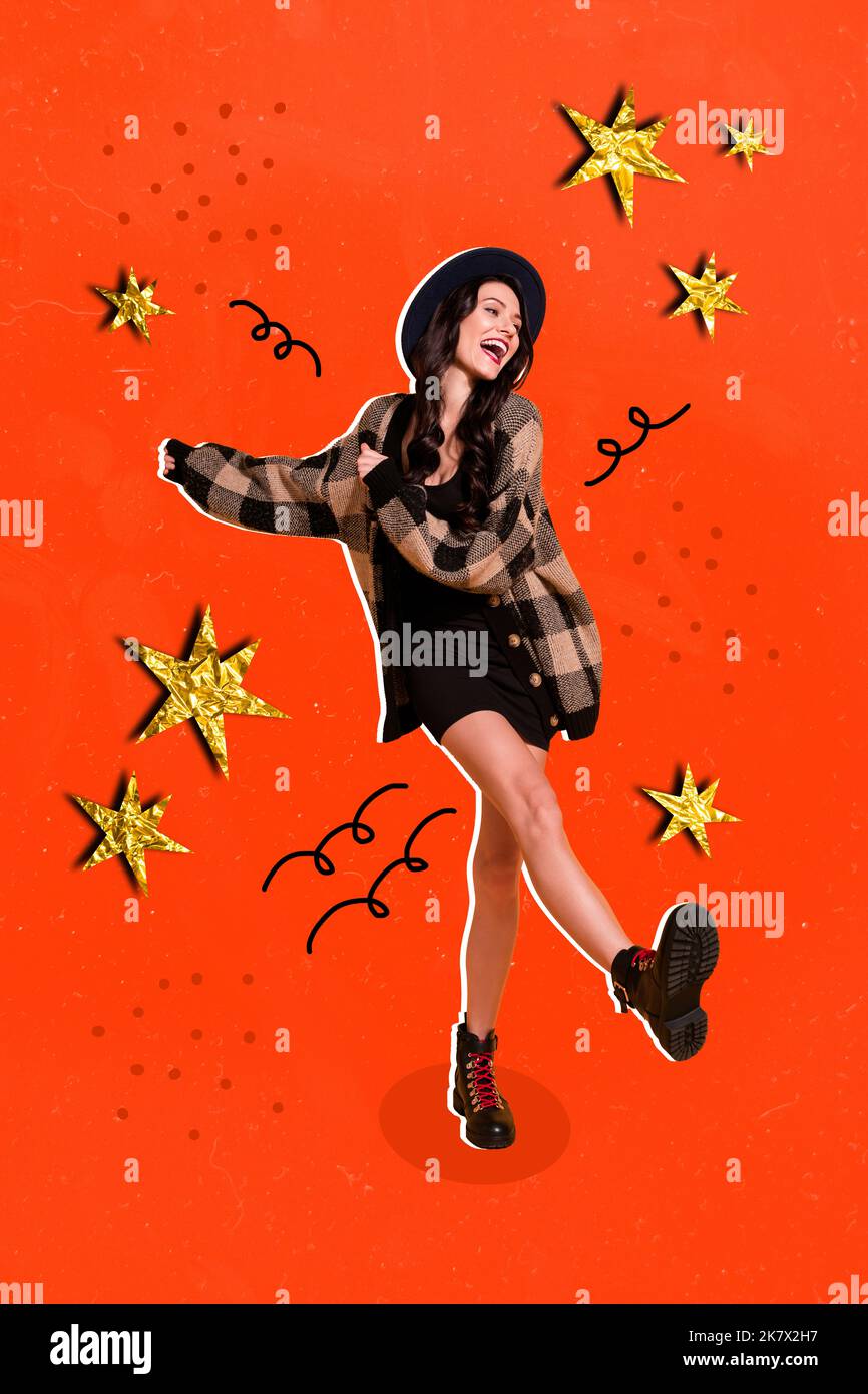 Creative retro 3d magazine image of happy smiling lady walking having ...