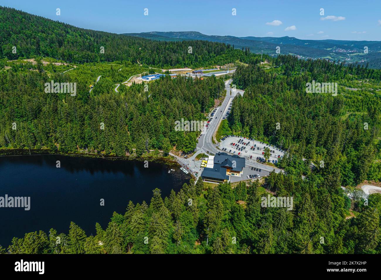 The beautiful embedded Great Arber Lake in Bavarian Forest from above ...