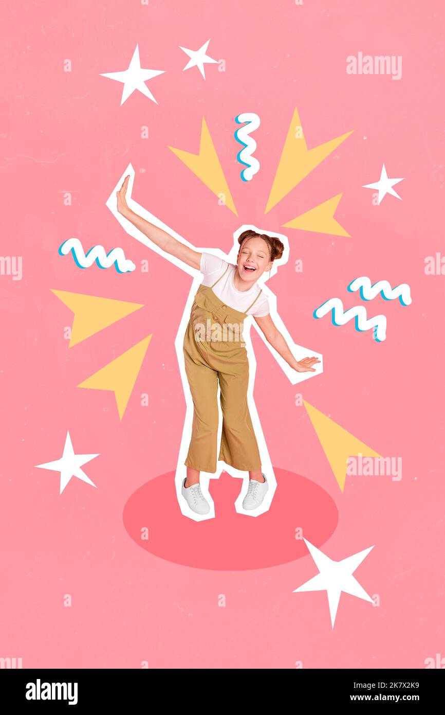 Artwork magazine picture of charming cute small lady dancing hands arms ...