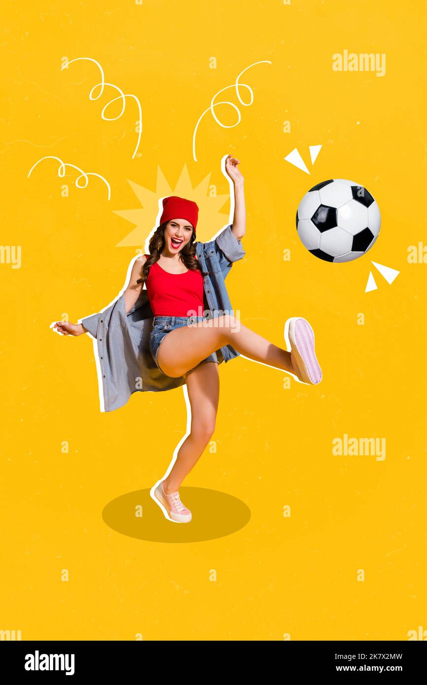 Collage artwork graphics picture of happy smiling lady playing football ...