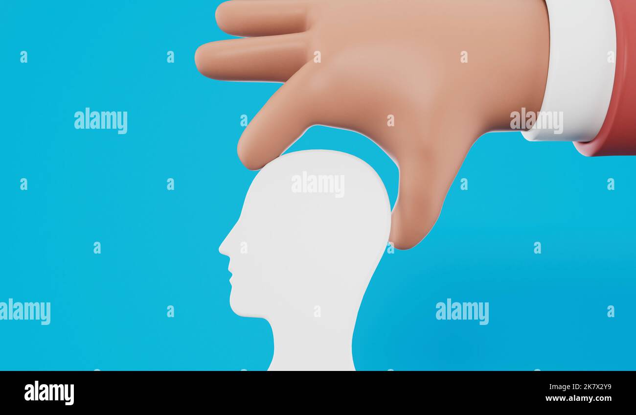 Cartoon hand holding a side profile of a human head. Mental health ...