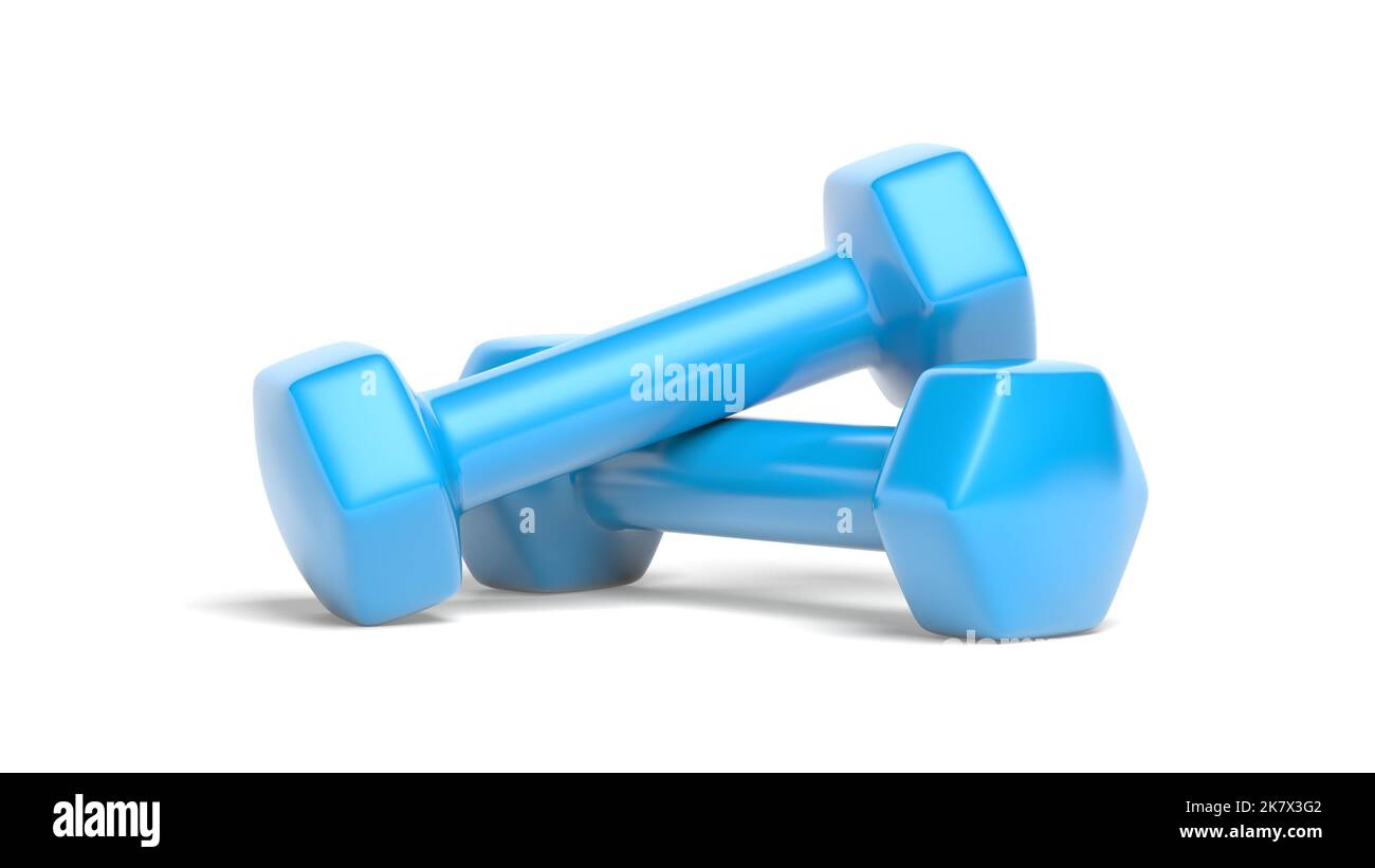 Blue dumbbells isolated on white background. 3d illustration Stock Photo - Alamy