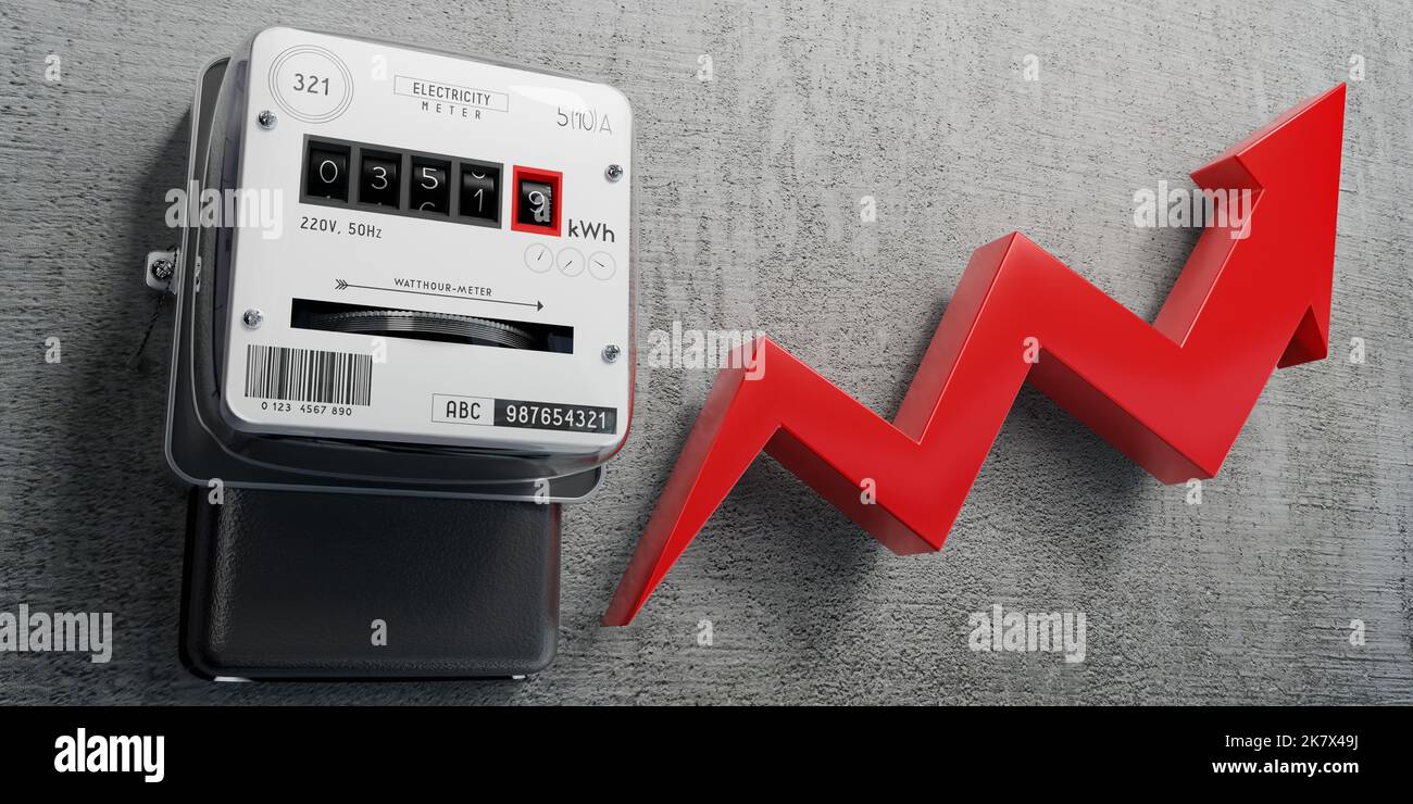 Electricity meter and upwards arrow - 3D illustration Stock Photo - Alamy