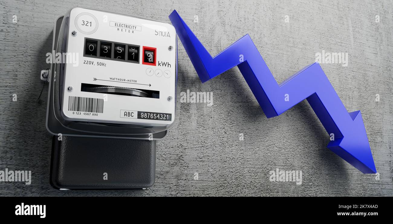 Electricity meter and downwards arrow - 3D illustration Stock Photo - Alamy