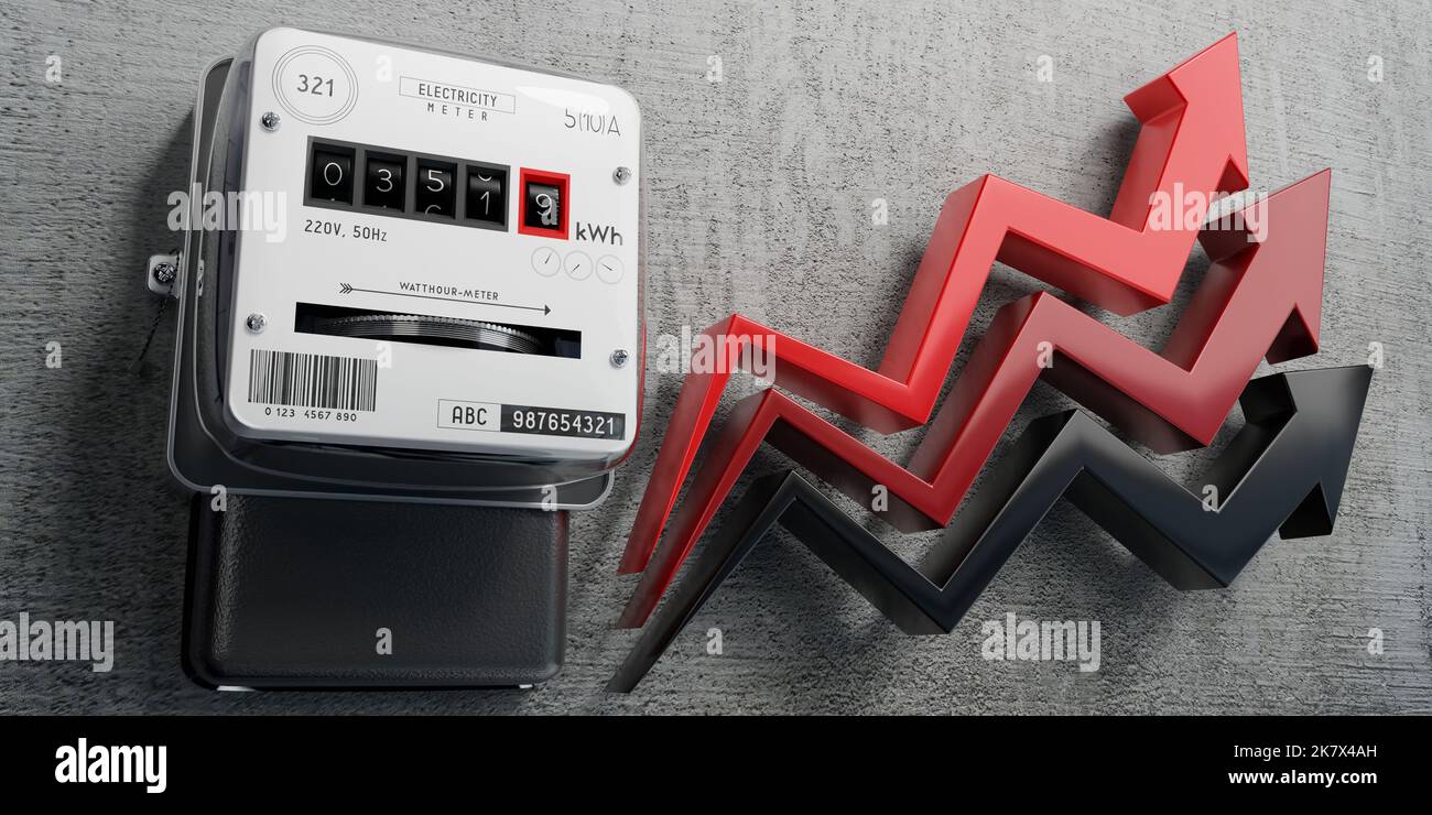 Electricity meter and upwards arrows - 3D illustration Stock Photo - Alamy