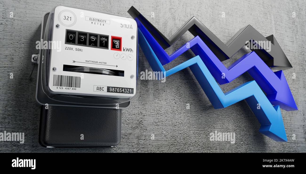 Electricity meter and downwards arrows - 3D illustration Stock Photo ...
