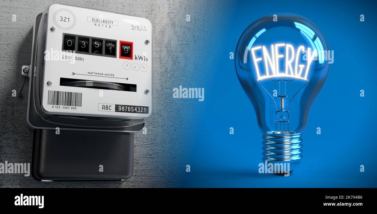 Electricity meter and light bulb - energy concept - 3D illustration ...