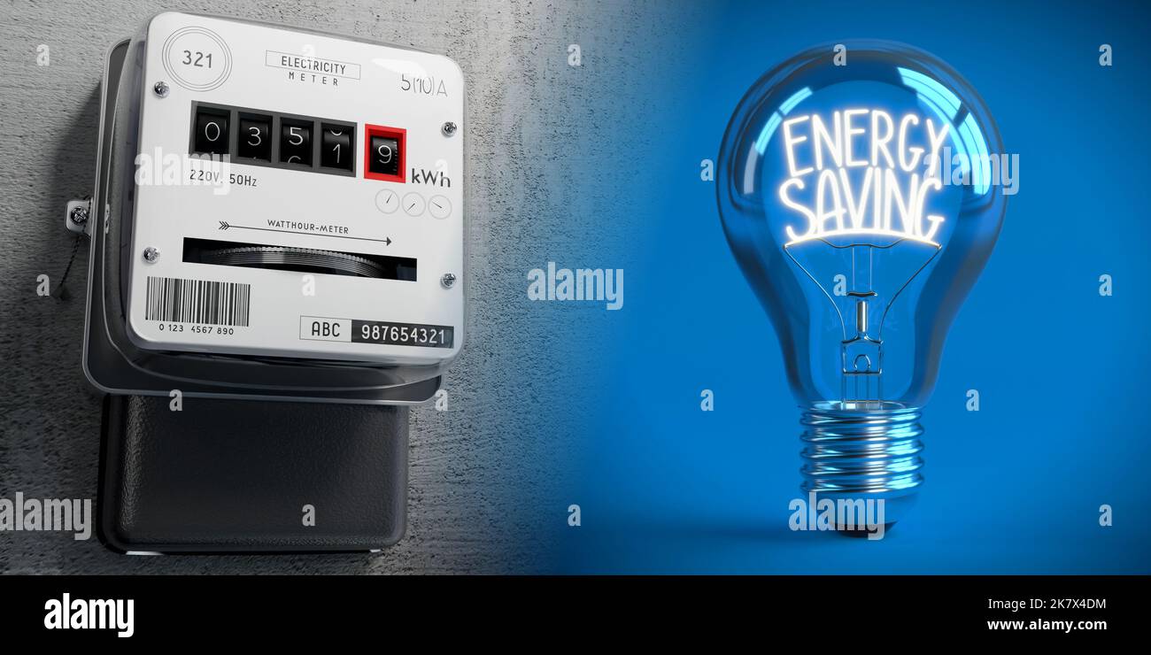 Electricity meter and light bulb - energy saving concept - 3D ...