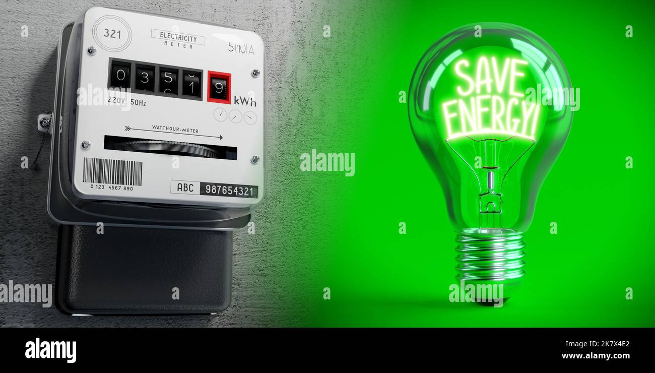 Electricity meter and light bulb - save energy concept - 3D ...