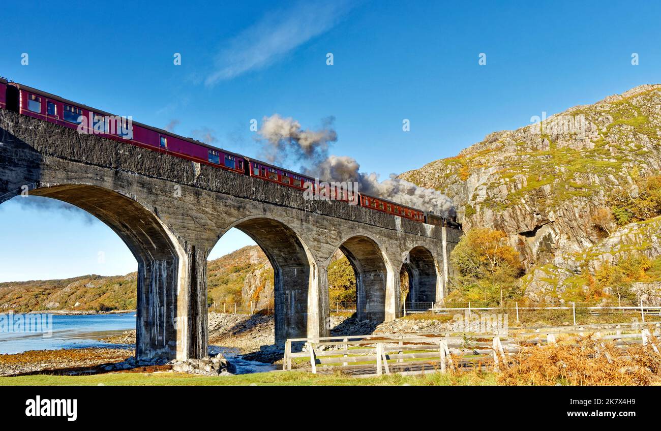Jacobite Steam Train crossing eight arch Nan Uamh Viaduct west coast ...