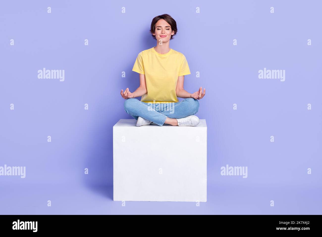 Full body portrait of calm pretty lady closed eyes sit platform ...