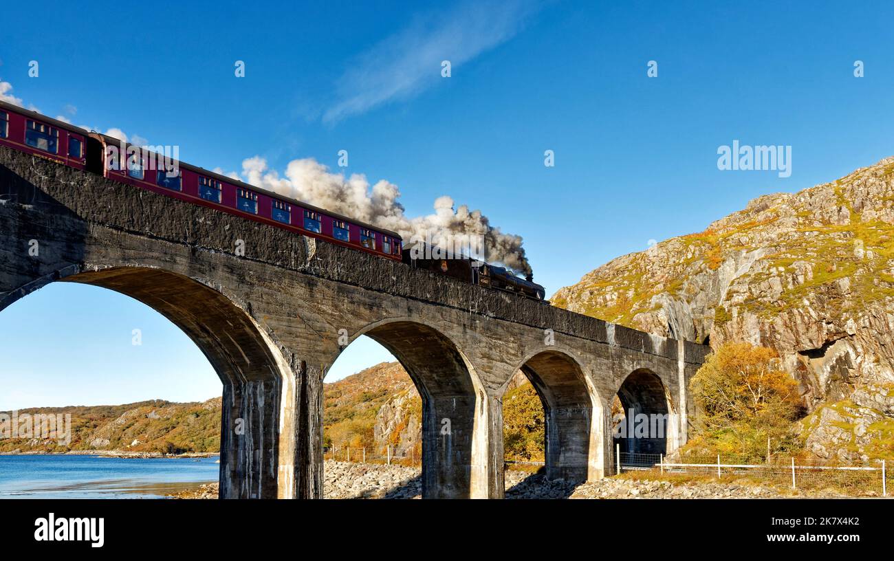Jacobite Steam Train crossing the eight arch Nan Uamh Viaduct west ...