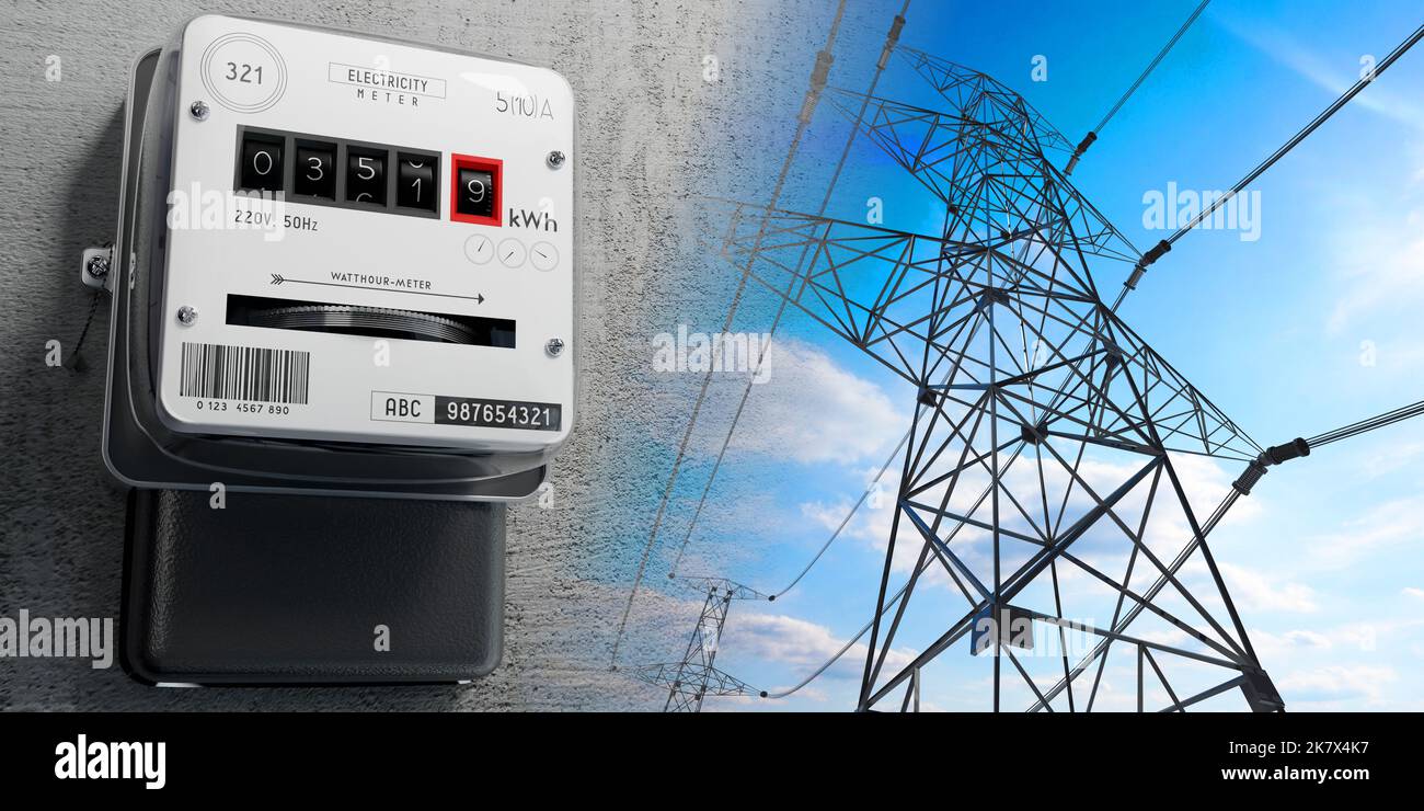 Electricity meter and pylons with cables - 3D illustration Stock Photo ...