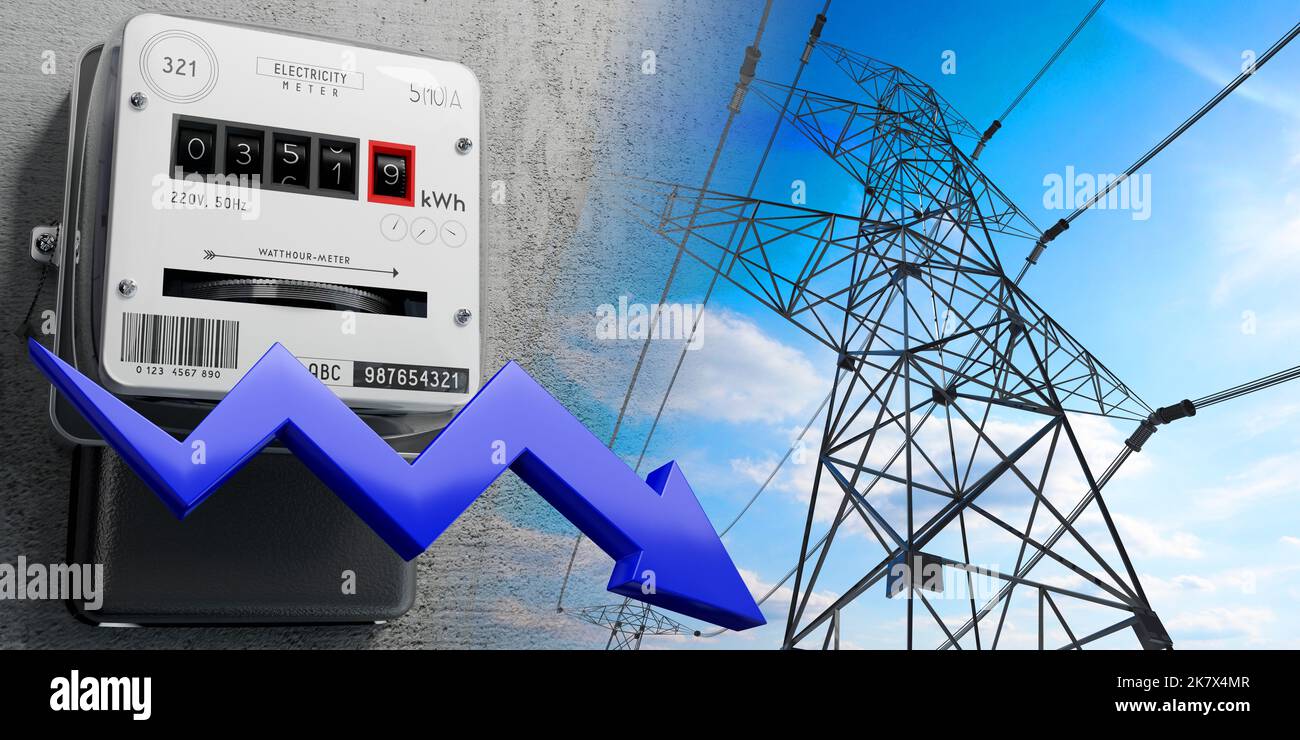 Electricity meter, pylons and downwards arrow - 3D illustration Stock ...