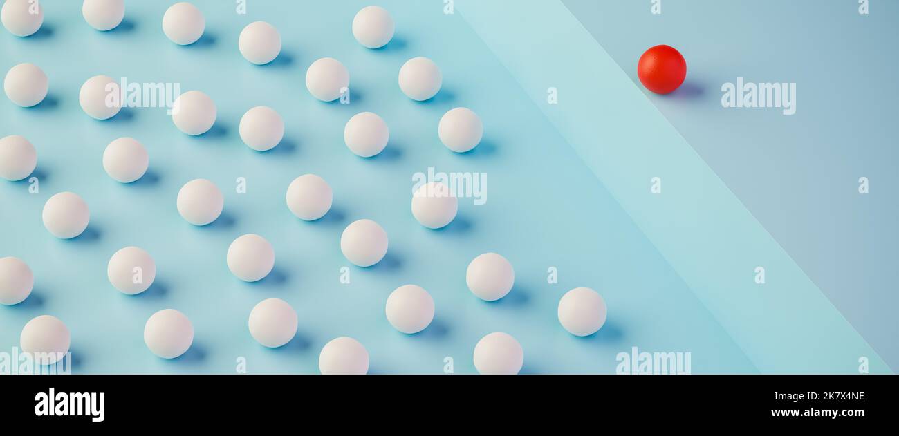 Courage Concept: A group of white spheres waiting for one red sphere to ...