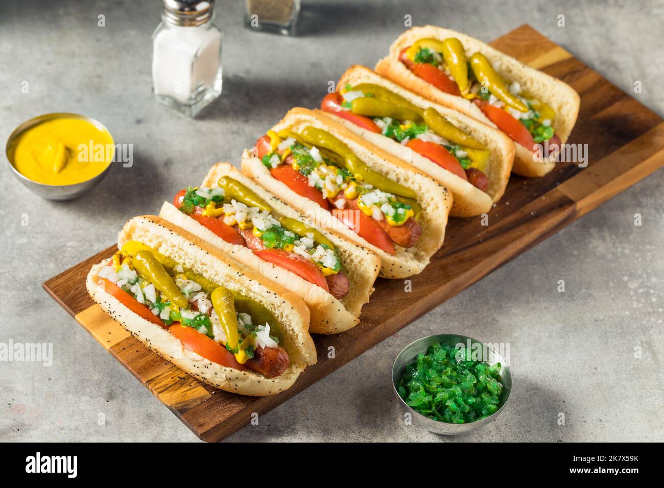Homemade Chicago Style Hot Dogs with Tomato Onion and Peppers Stock ...