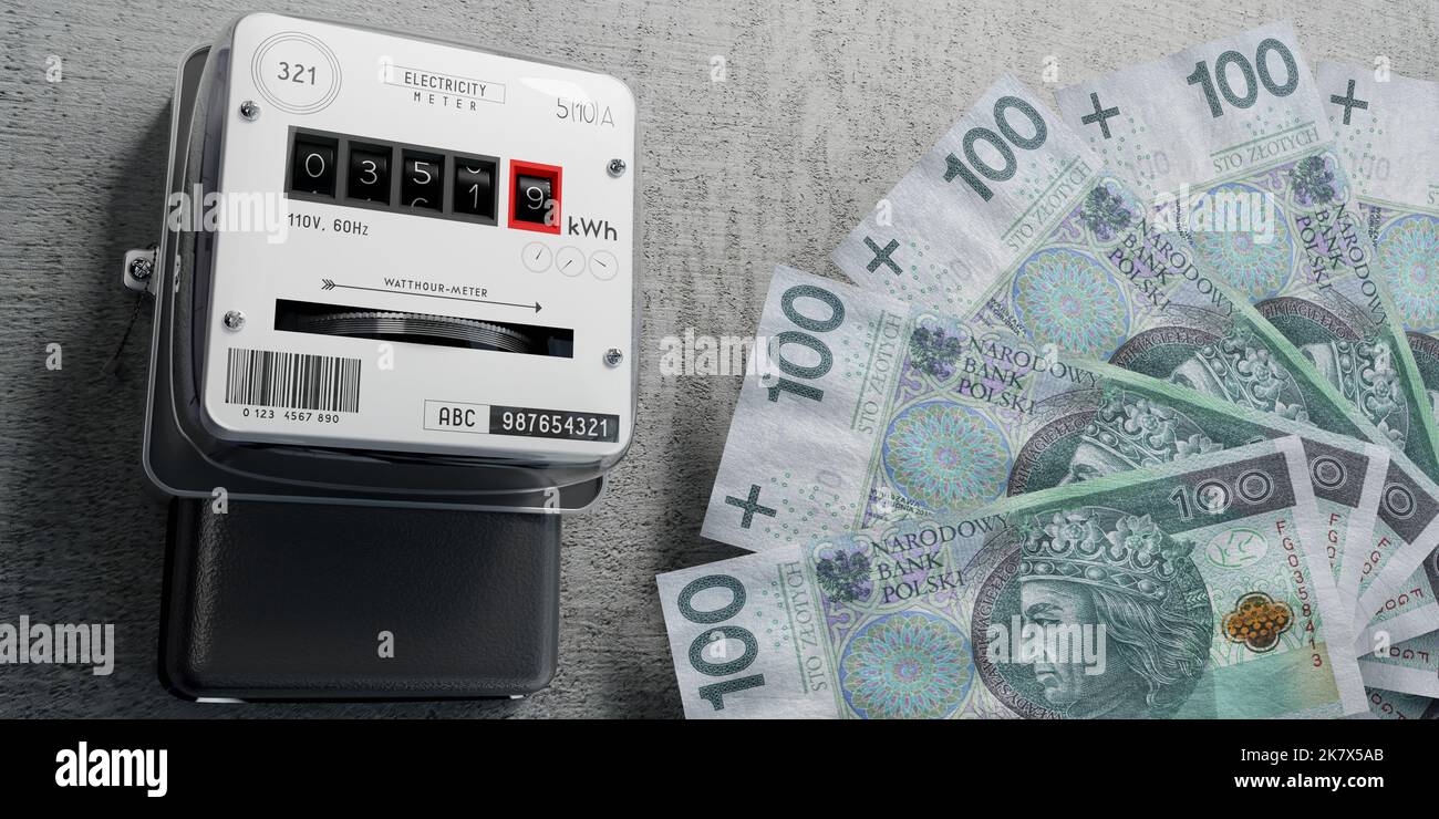 Electricity meter and 100 PLN banknotes - 3D illustration Stock Photo ...