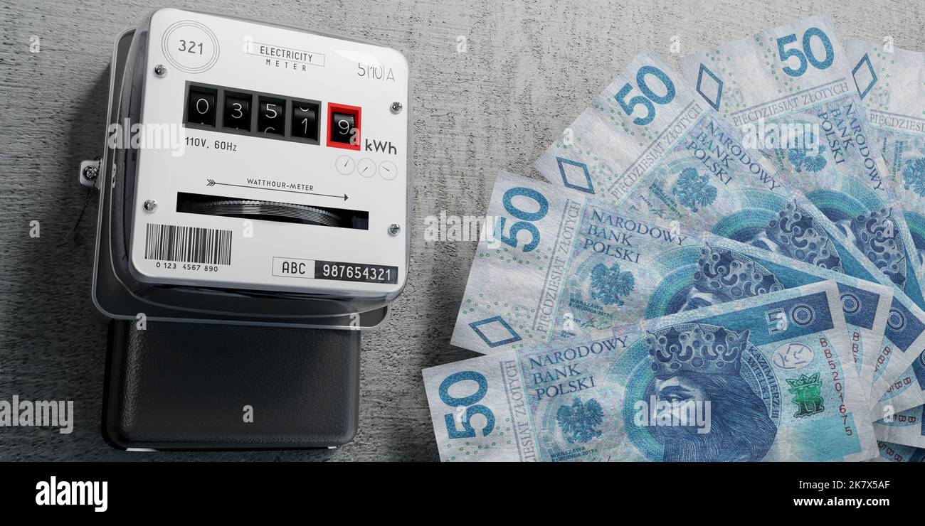 Electricity meter and 50 PLN banknotes - 3D illustration Stock Photo ...