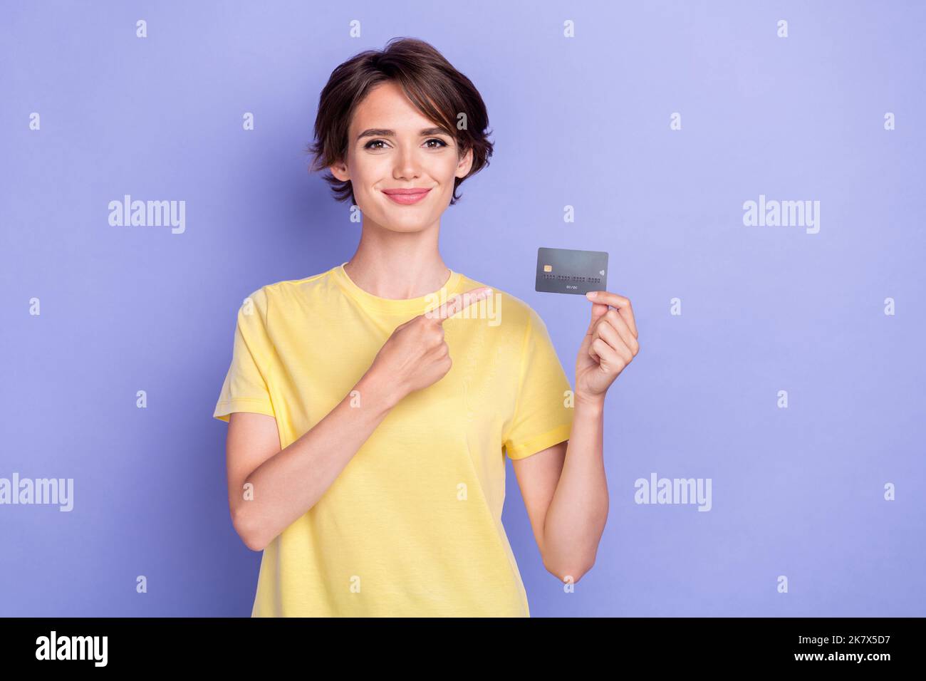 Photo of young attractive gorgeous nice woman wear yellow t-shirt ...