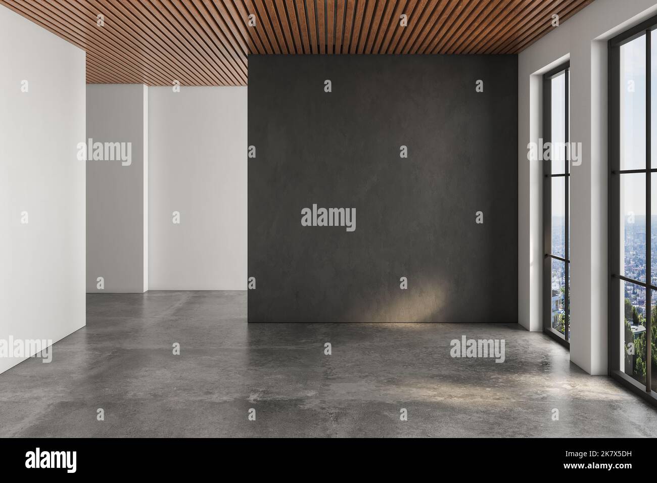 Realistic 3D rendering of empty room, beautiful sunlight and window ...