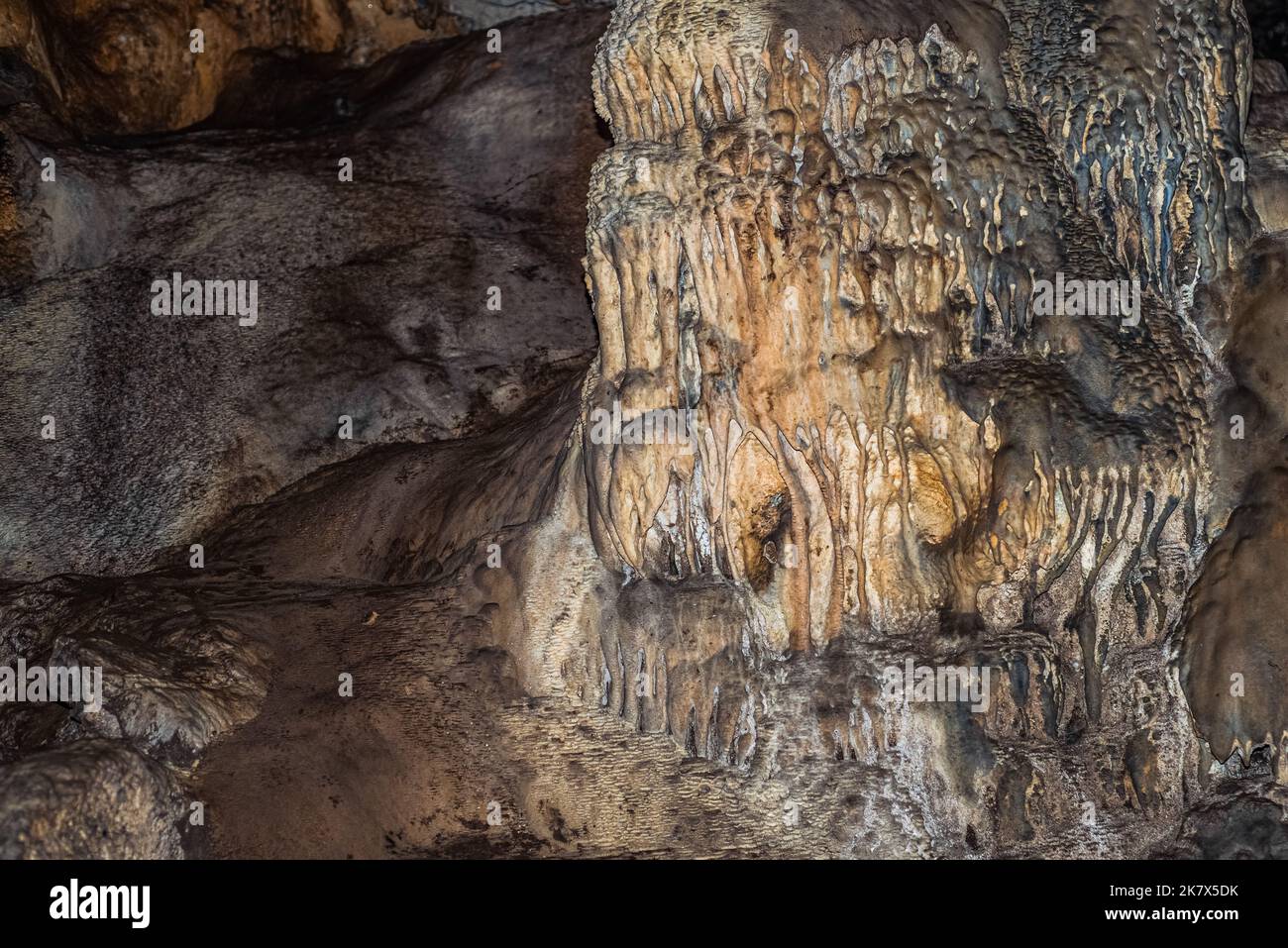 Inkaya cave in Izmir. Close up view cave formations. Guzelbahce, Yelki ...
