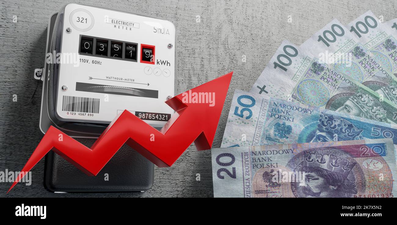 Electricity meter, polish banknotes and upwards arrow - 3D illustration ...