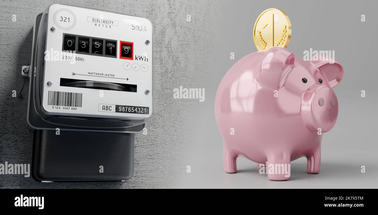 Electricity meter and piggy bank - 3D illustration Stock Photo - Alamy