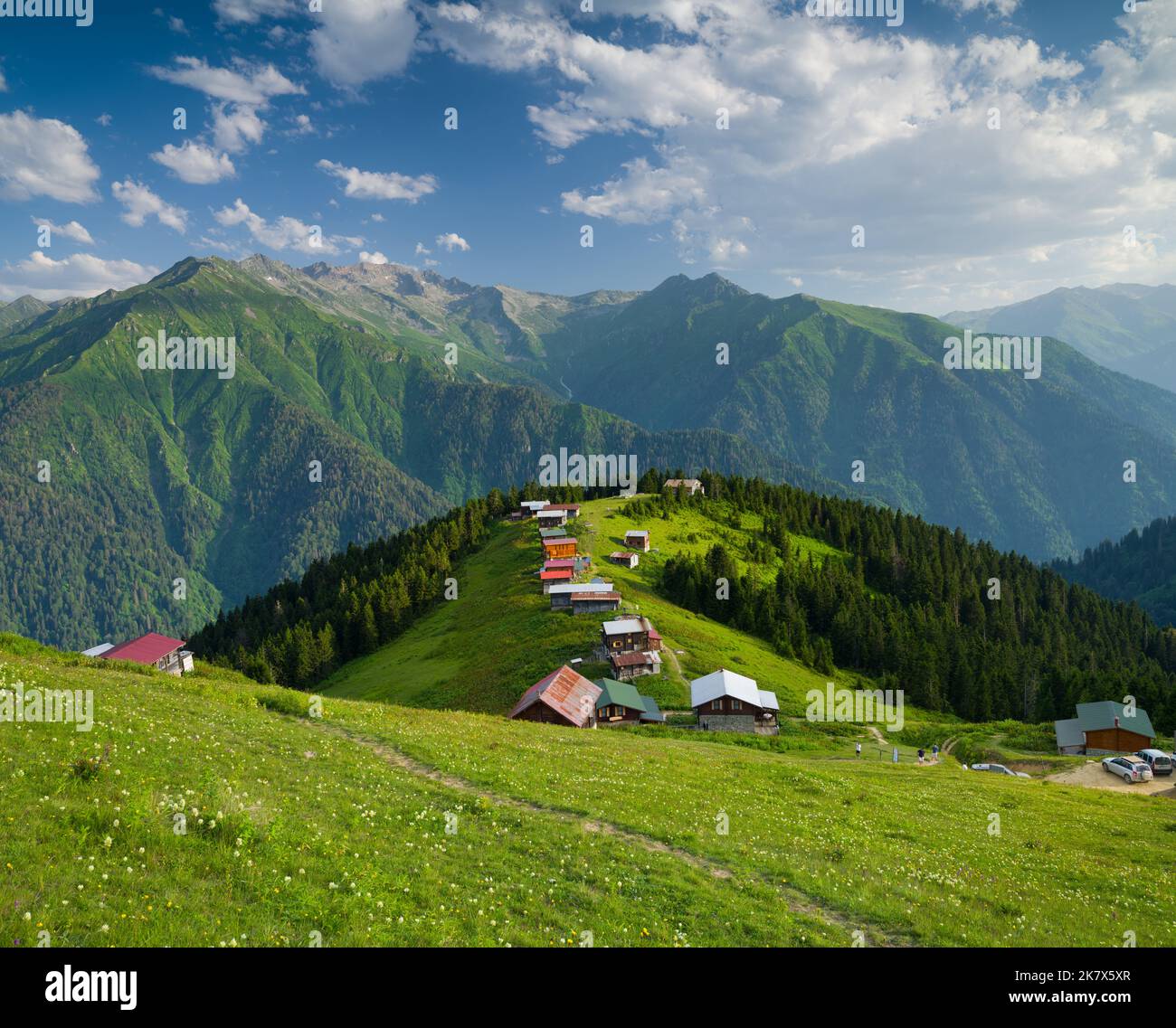Pokut Plateau in summer. Beautiful view of the Pokut highland with the ...