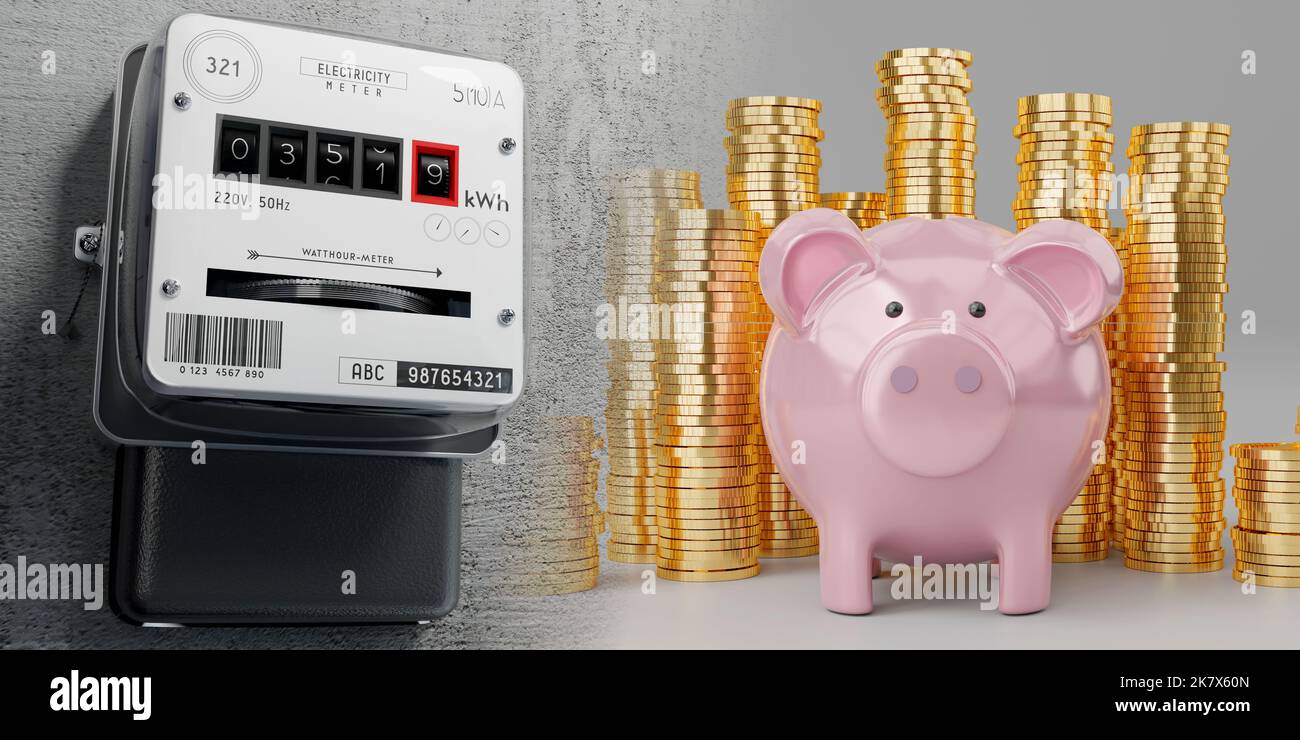 Electricity meter and piggy bank - 3D illustration Stock Photo - Alamy