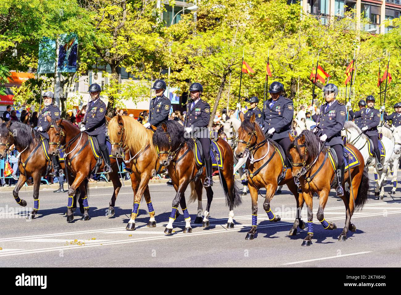Madrid, Spain, October 12, 2022: A group of mounted police parade in a ...
